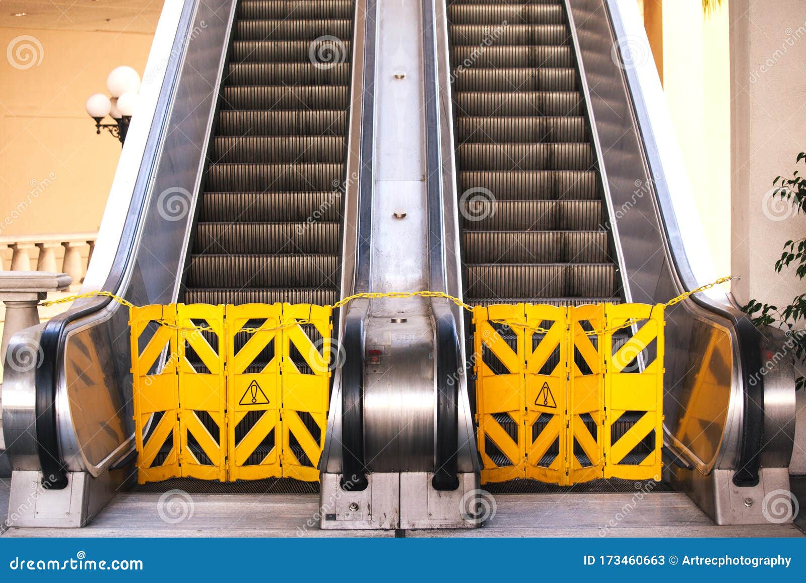 Out of Service Escalator with Yellow Gates Stock Image - Image of ...