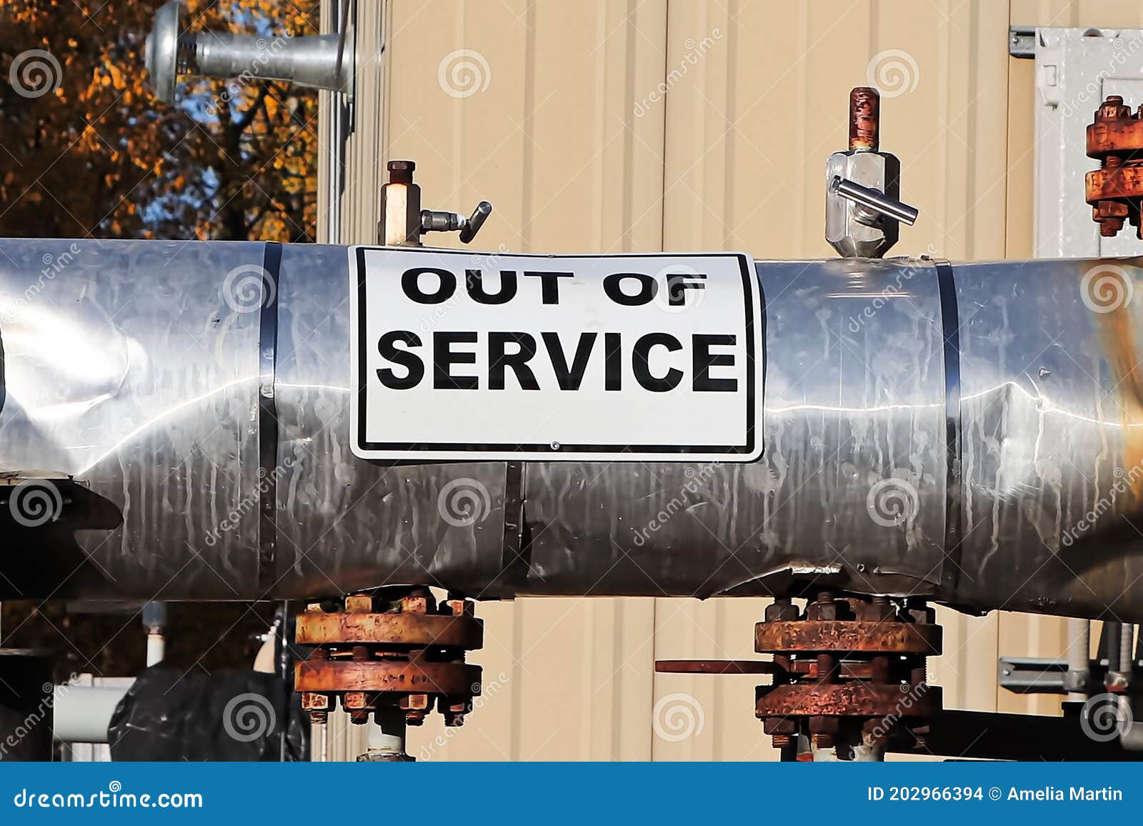 An Out of Service Sign on an Oil Pipeline Stock Photo - Image of ...