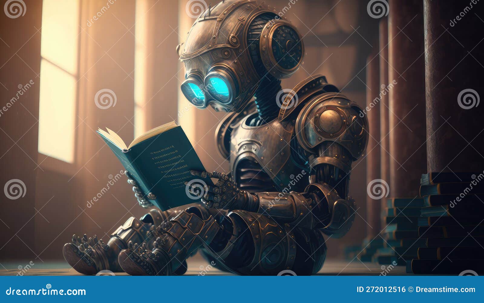 An Outdated Robot Model Reads a Book in a Library. Futuristic Plot ...
