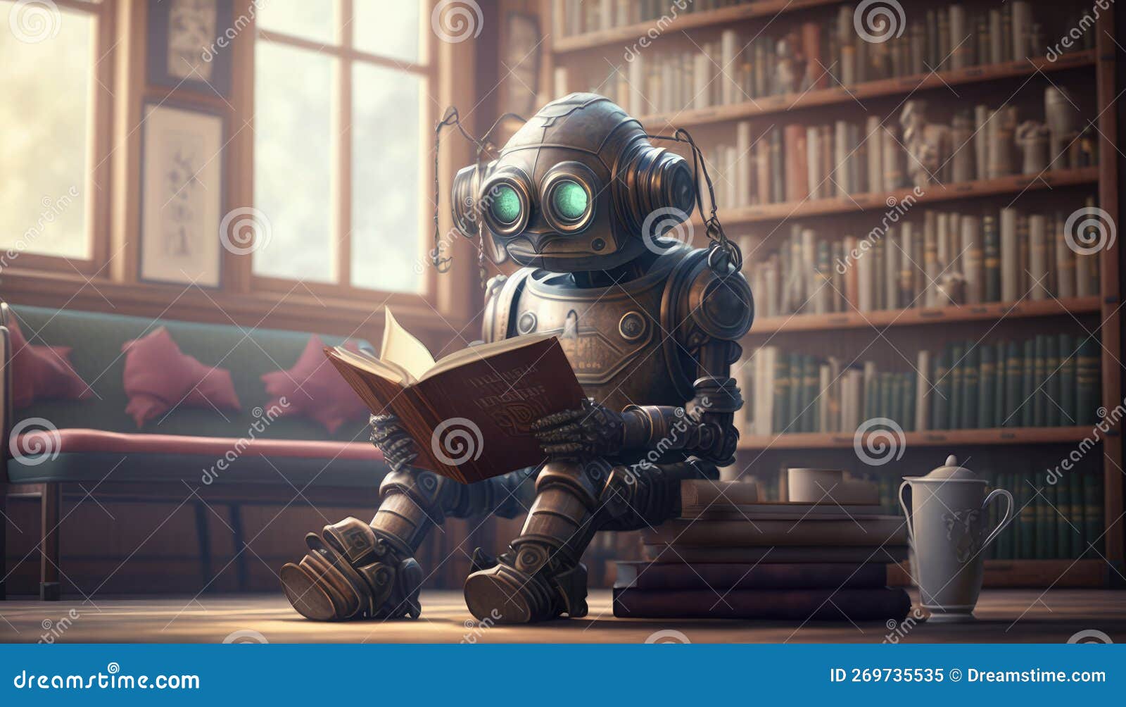 An Outdated Robot Model Reads a Book in a Library. Futuristic Plot ...