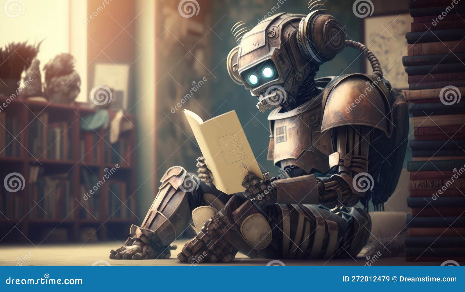 An Outdated Robot Model Reads a Book in a Library. Futuristic Plot ...