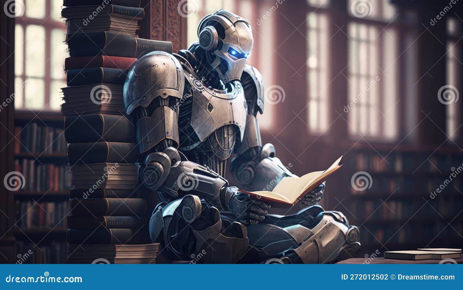 An Outdated Robot Model Reads a Book in a Library. Futuristic Plot ...