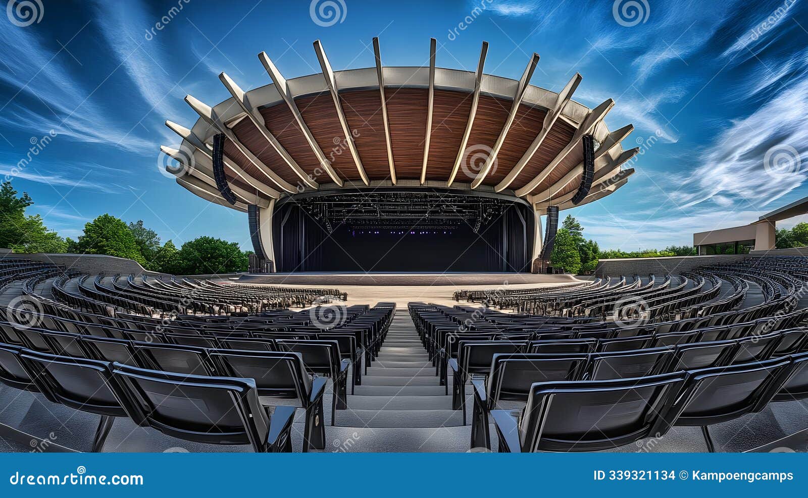 An Outdoor Amphitheater With Empty Seating And A Stage Under A Blue Sky ...