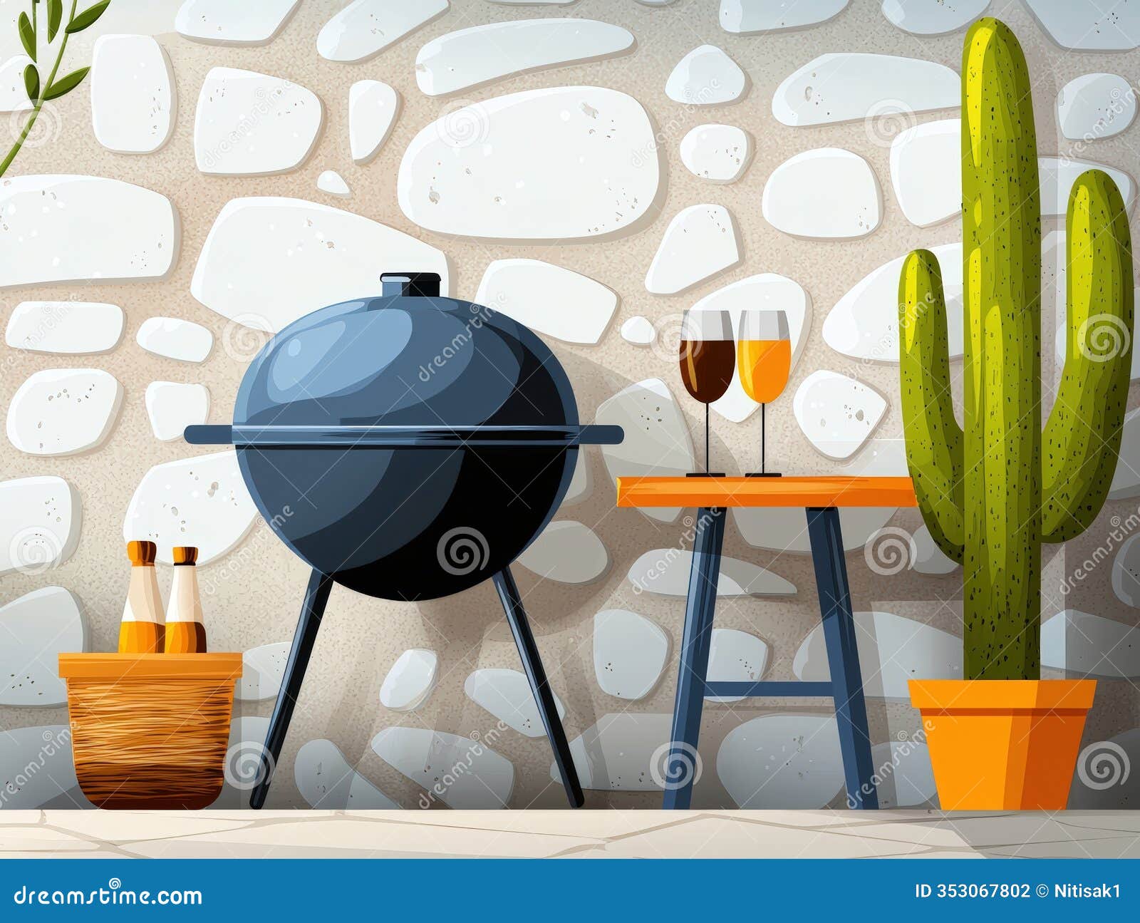 Outdoor Barbecue Setup with Drinks and Cactus Stock Illustration ...