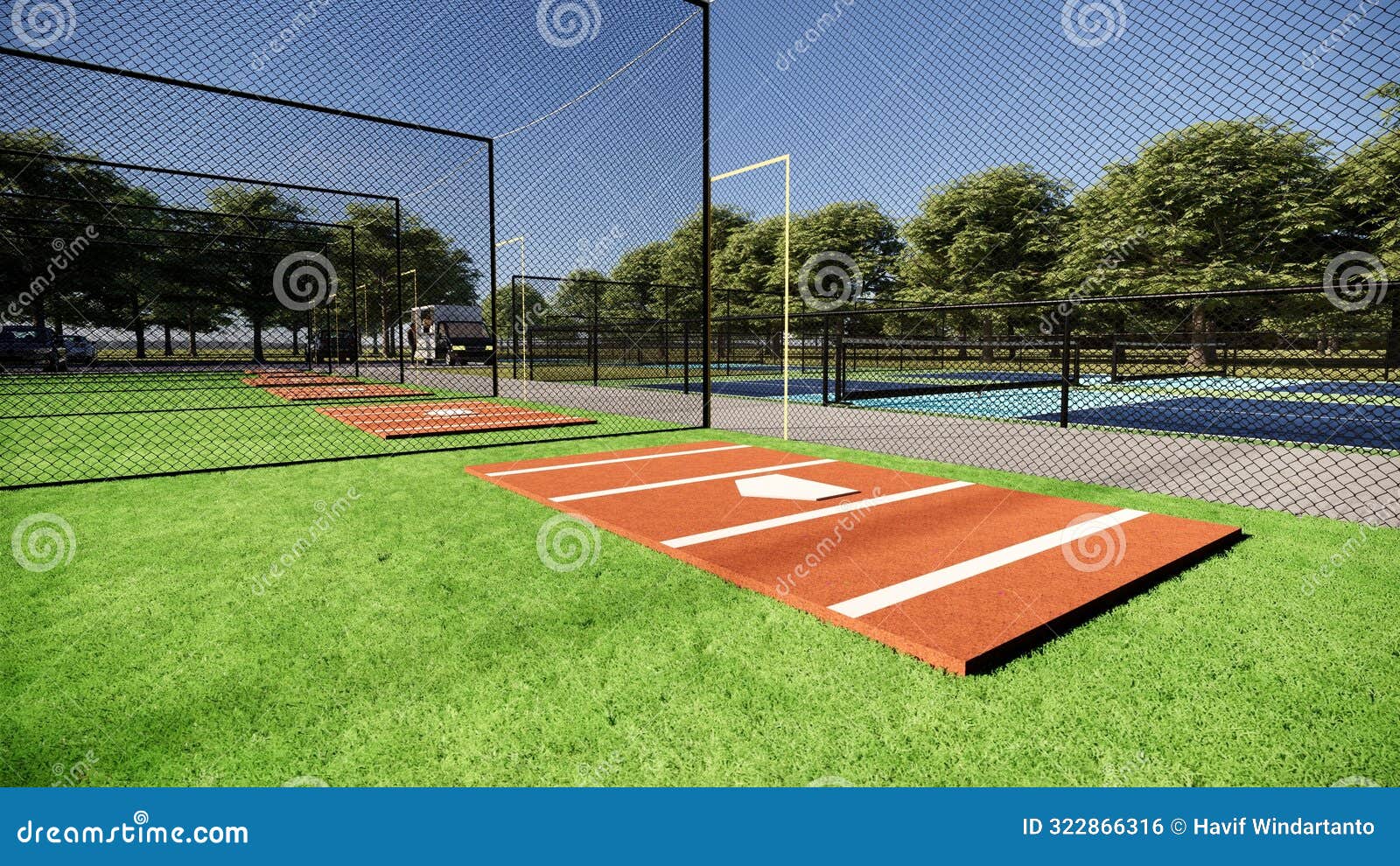Baseball and Softball Batting Cages Depicted in a 3D Rendering Stock ...