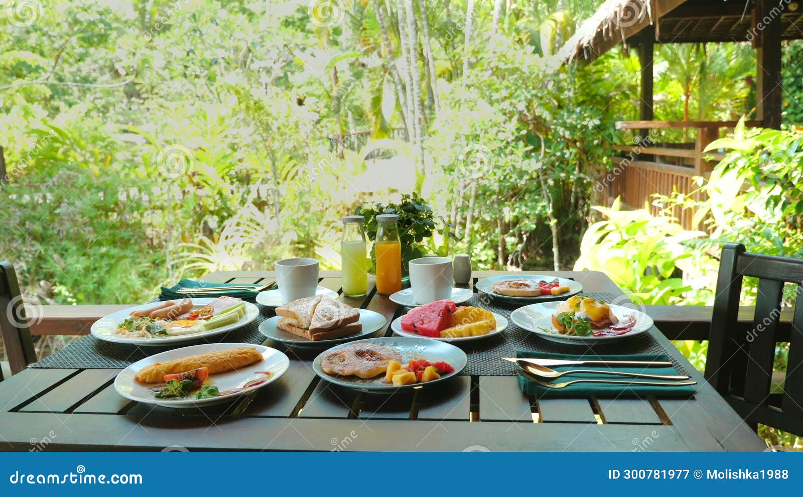 Outdoor Breakfast Table Set with Variety Stock Video - Video of garden ...