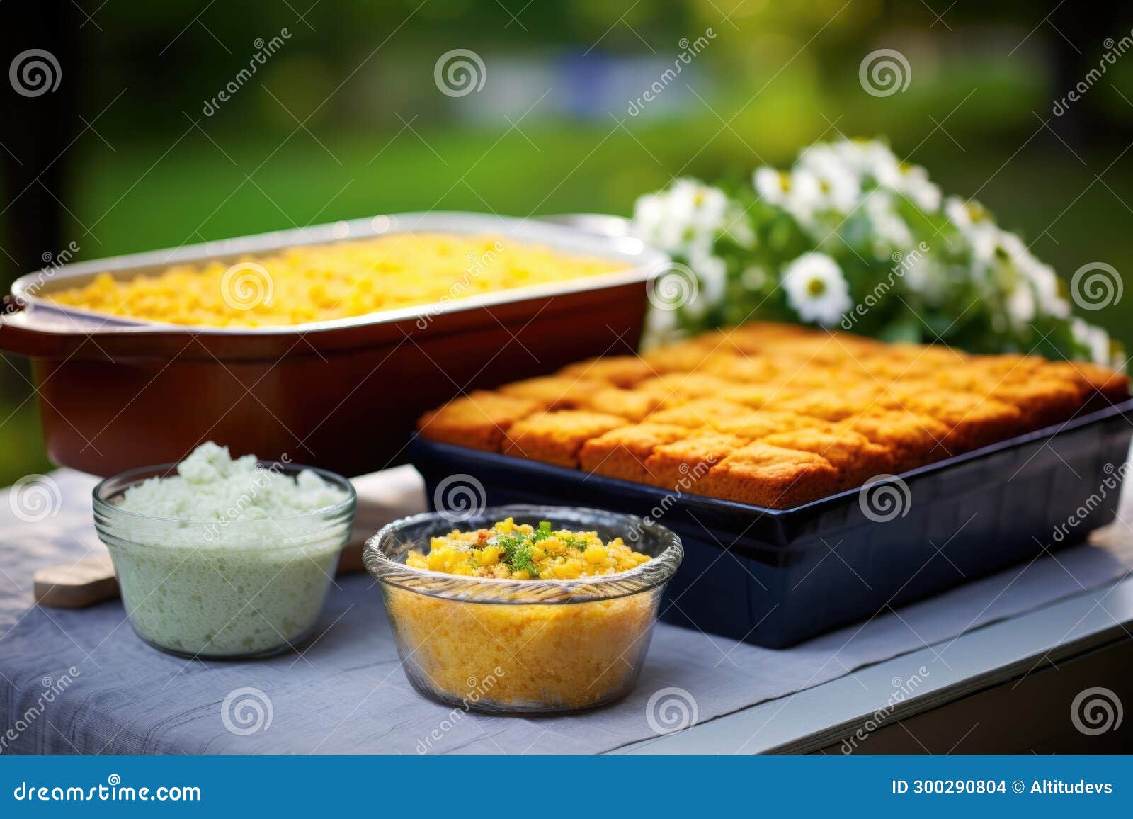 An Outdoor Buffet Featuring Bbq Cornbread Stock Photo - Image of ...