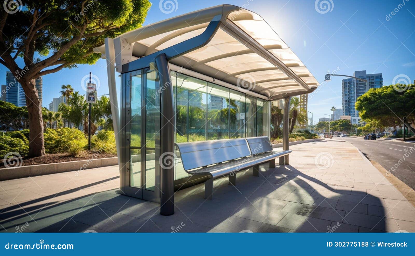 Outdoor Bus Stop with an Empty Bench Situated on a Paved Sidewalk, AI ...