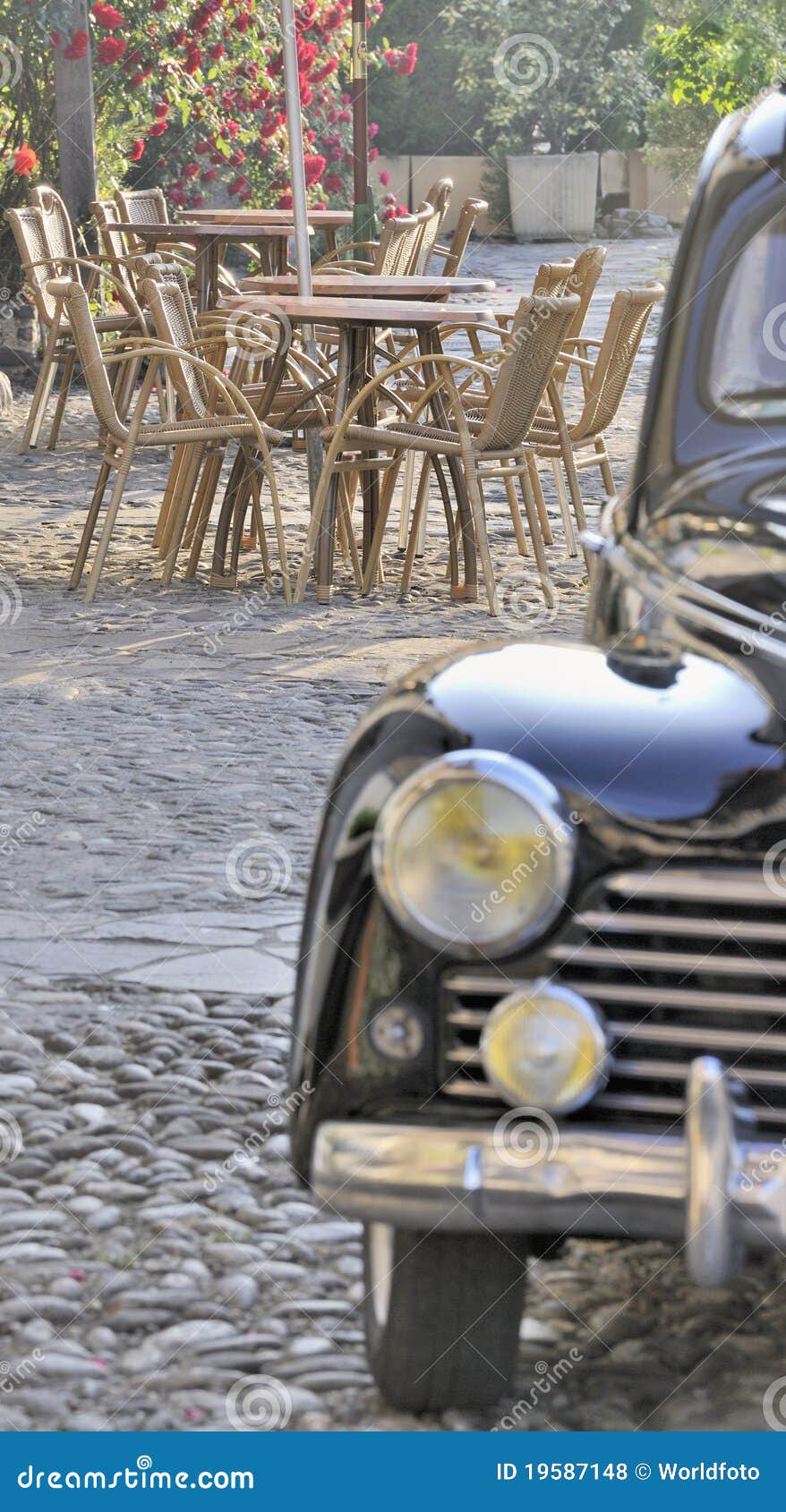 Outdoor Cafe Scene with Old Car Stock Photo - Image of dordogne, table ...