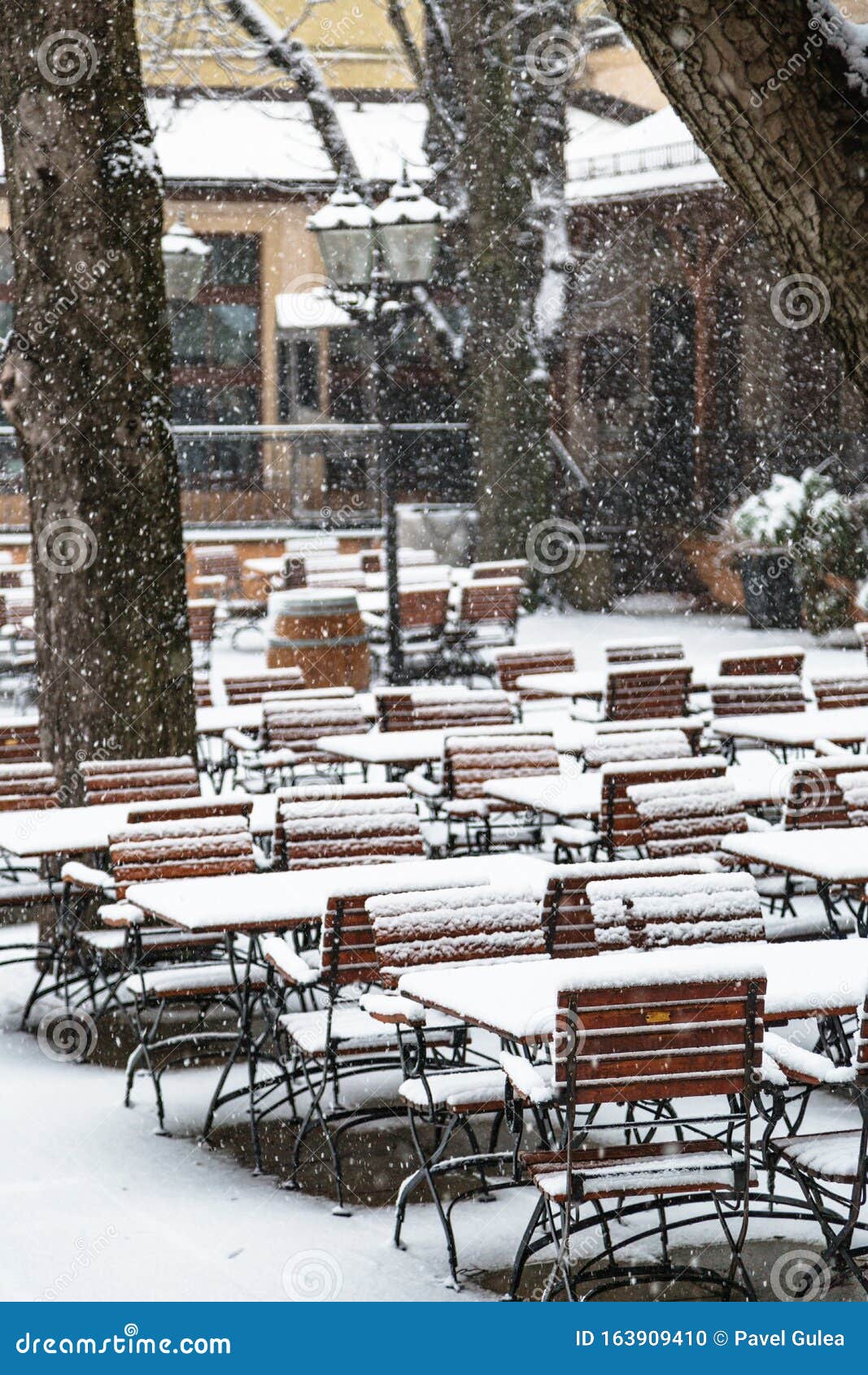 Outdoor Cafe without Visitors Under Falling Snow Stock Photo - Image of ...