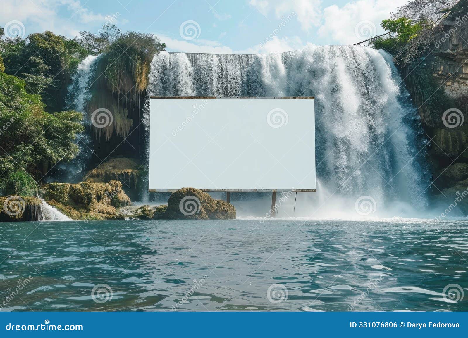 Outdoor Cinema at Waterfall with Blank Screen for Creative Display ...