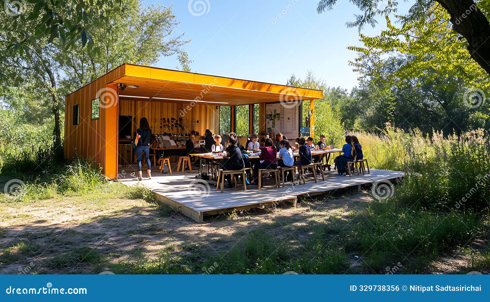 An Outdoor Classroom Setup with Students Learning in Nature Under a ...