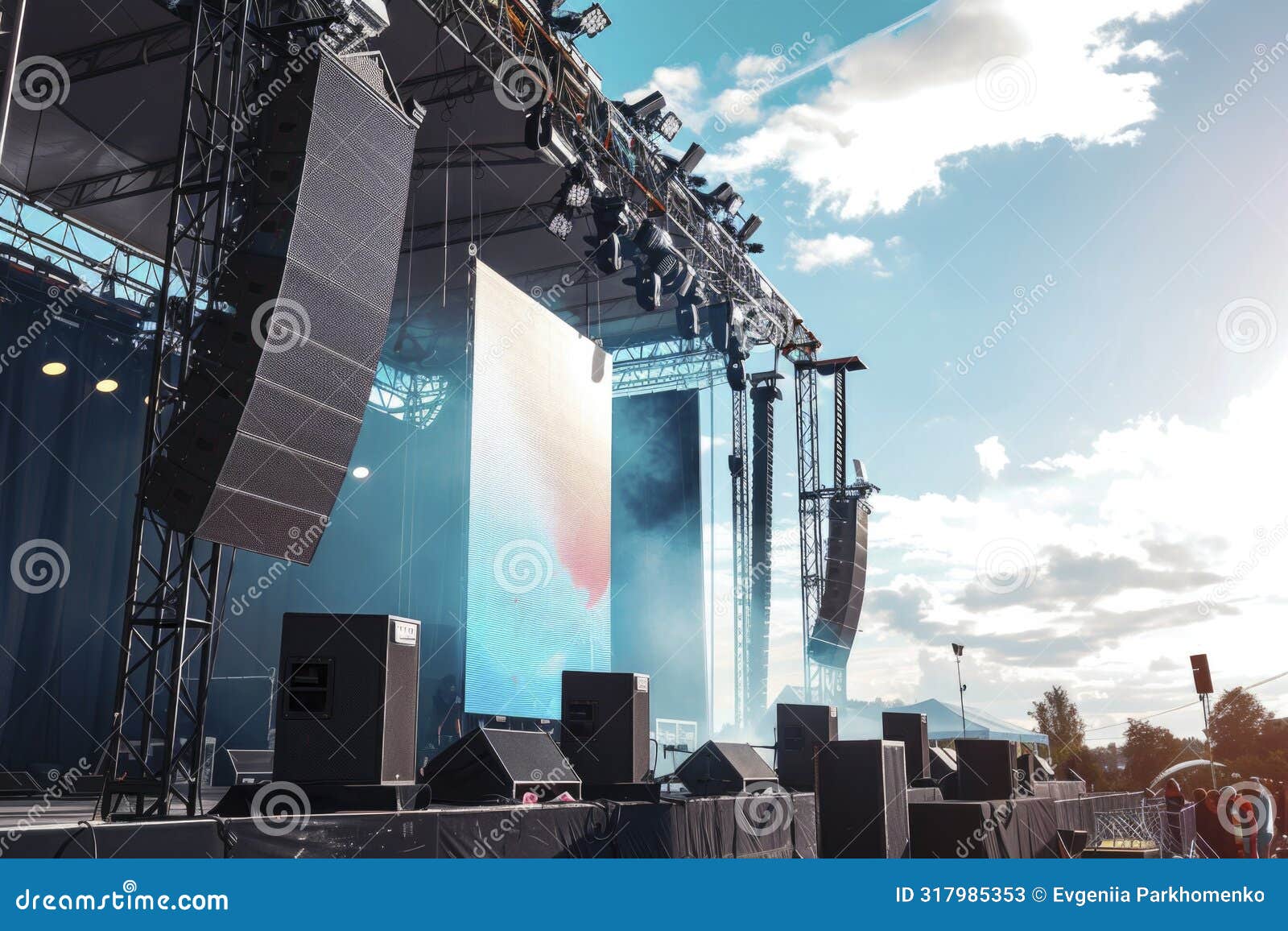 Outdoor Concert Stage Setup with Blue Sky and Clouds Stock Image ...
