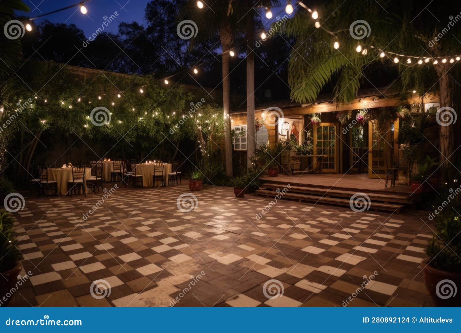 Outdoor Dance Floor Surrounded by Lush Greenery and Warm Lighting Stock ...