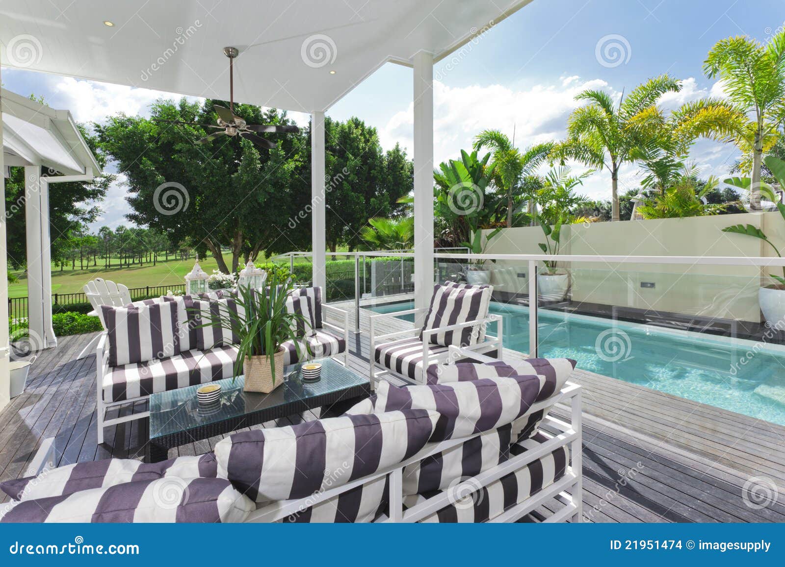 Outdoor Deck and Swimming Pool Stock Photo - Image of cushions, house ...
