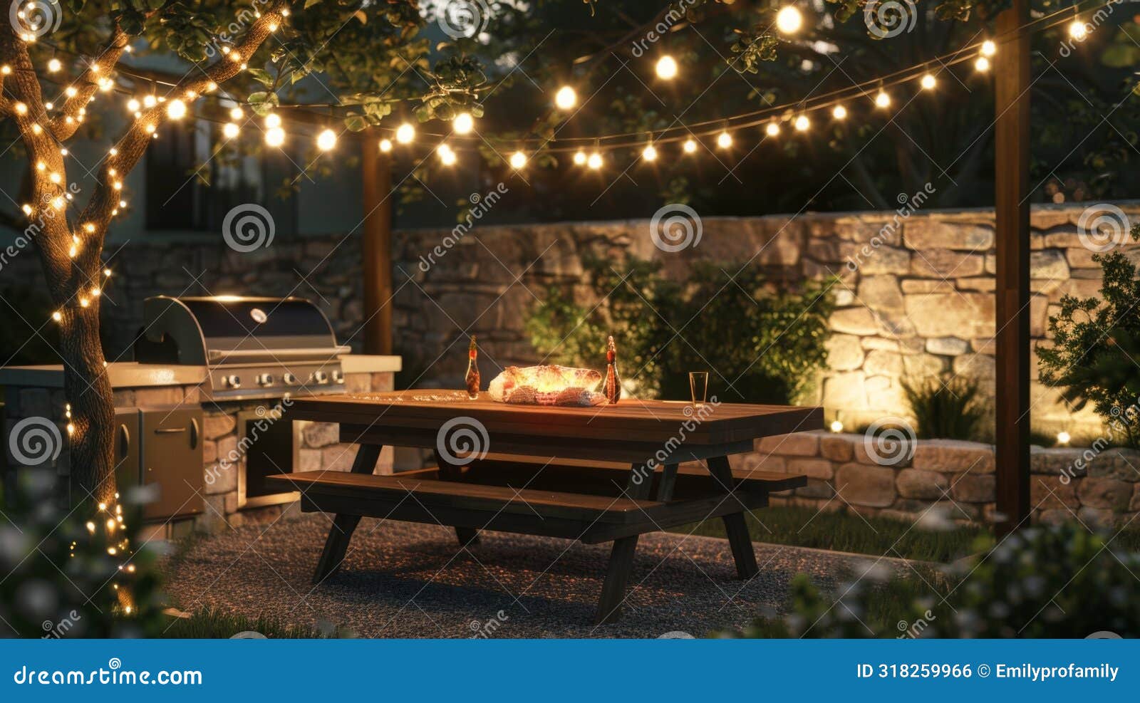 Outdoor Dining Area with String Lights and BBQ Stock Photo - Image of ...