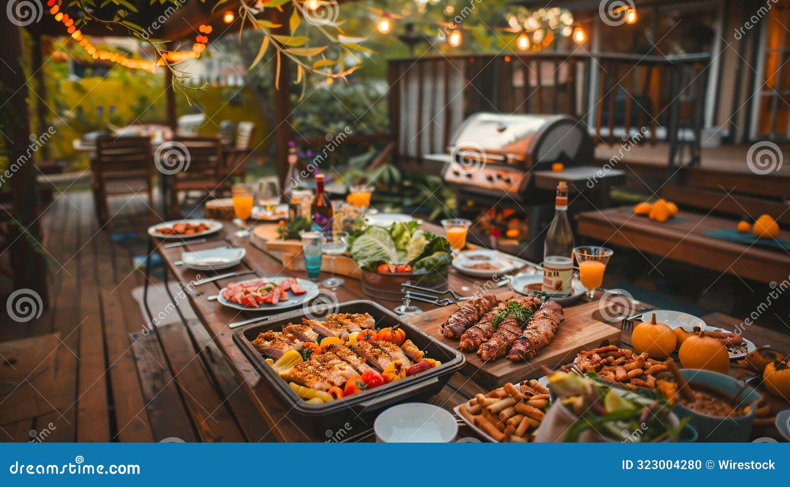 A Outdoor Dining Setup with a Variety of Grilled Food, Drinks, and ...