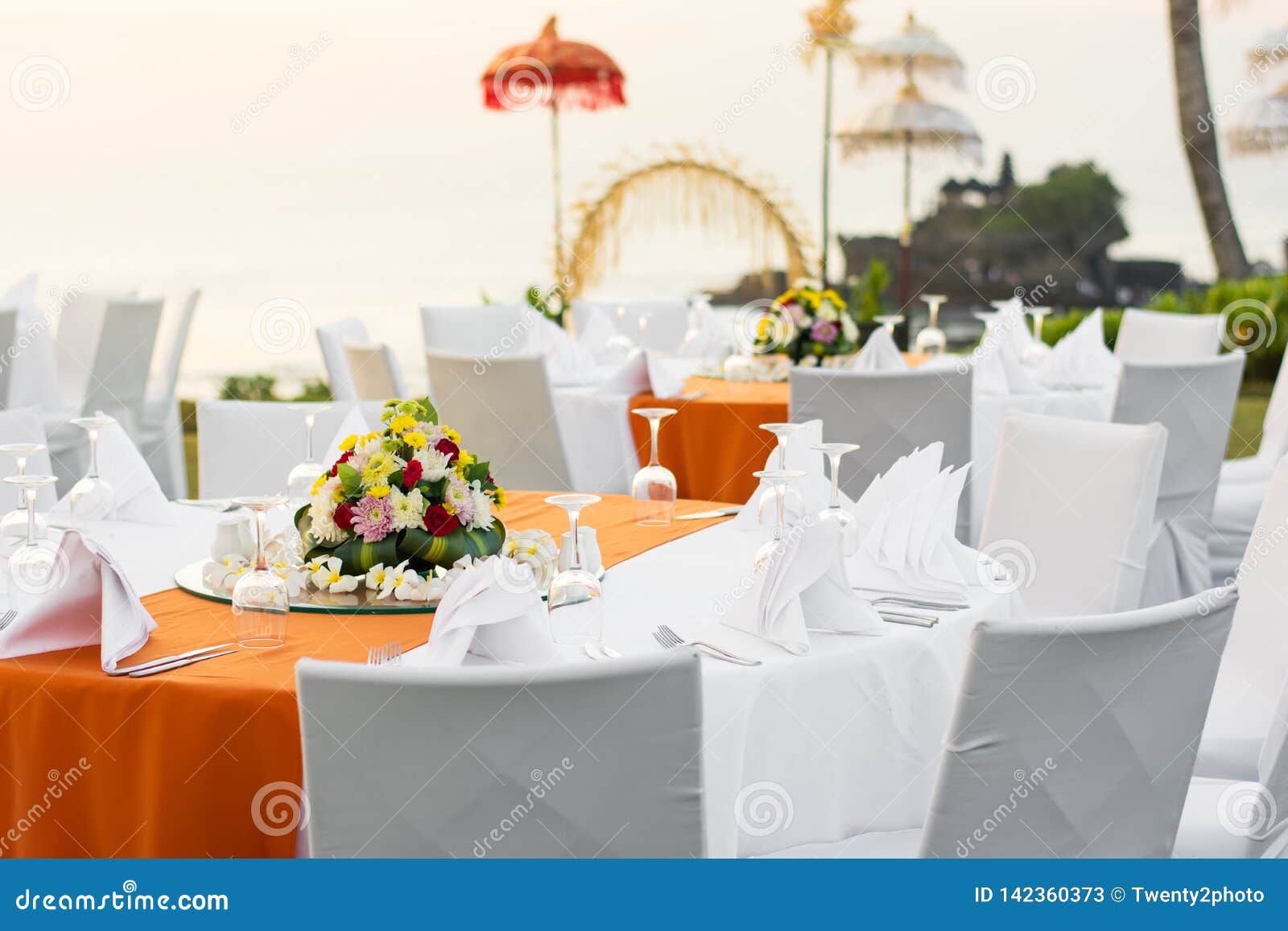 Outdoor Dinner Table Setting at a Resort in the Late Afternoon Stock ...