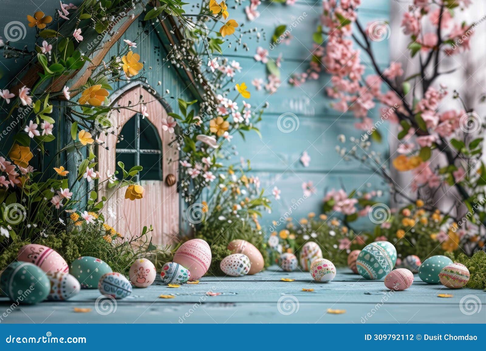 Outdoor Easter Cottage Wall, Easter Theme. Generative AI Stock Photo ...