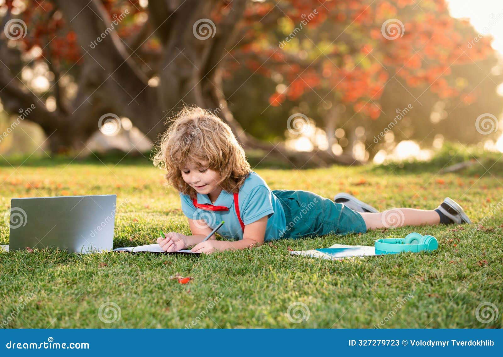 Outdoor Education. Elementary School Student Boy Doing Homework in Park ...