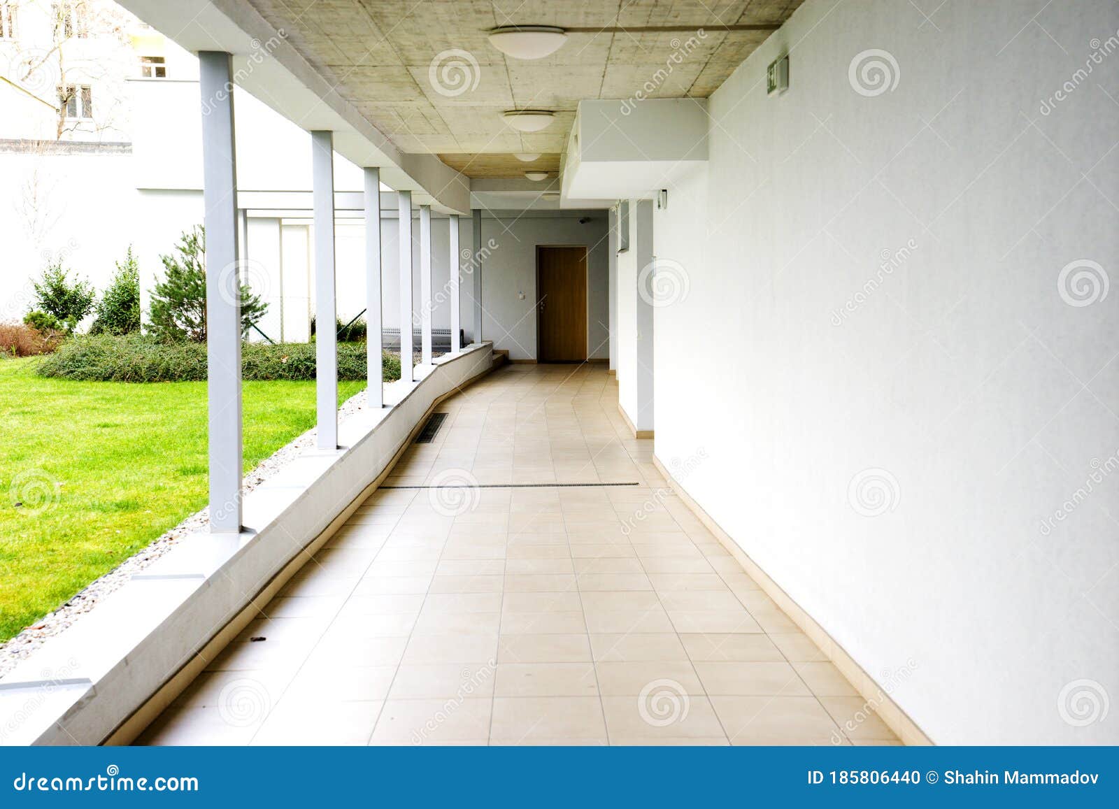 Outdoor Empty Corridor with Garden in the Modern Office Building Stock ...