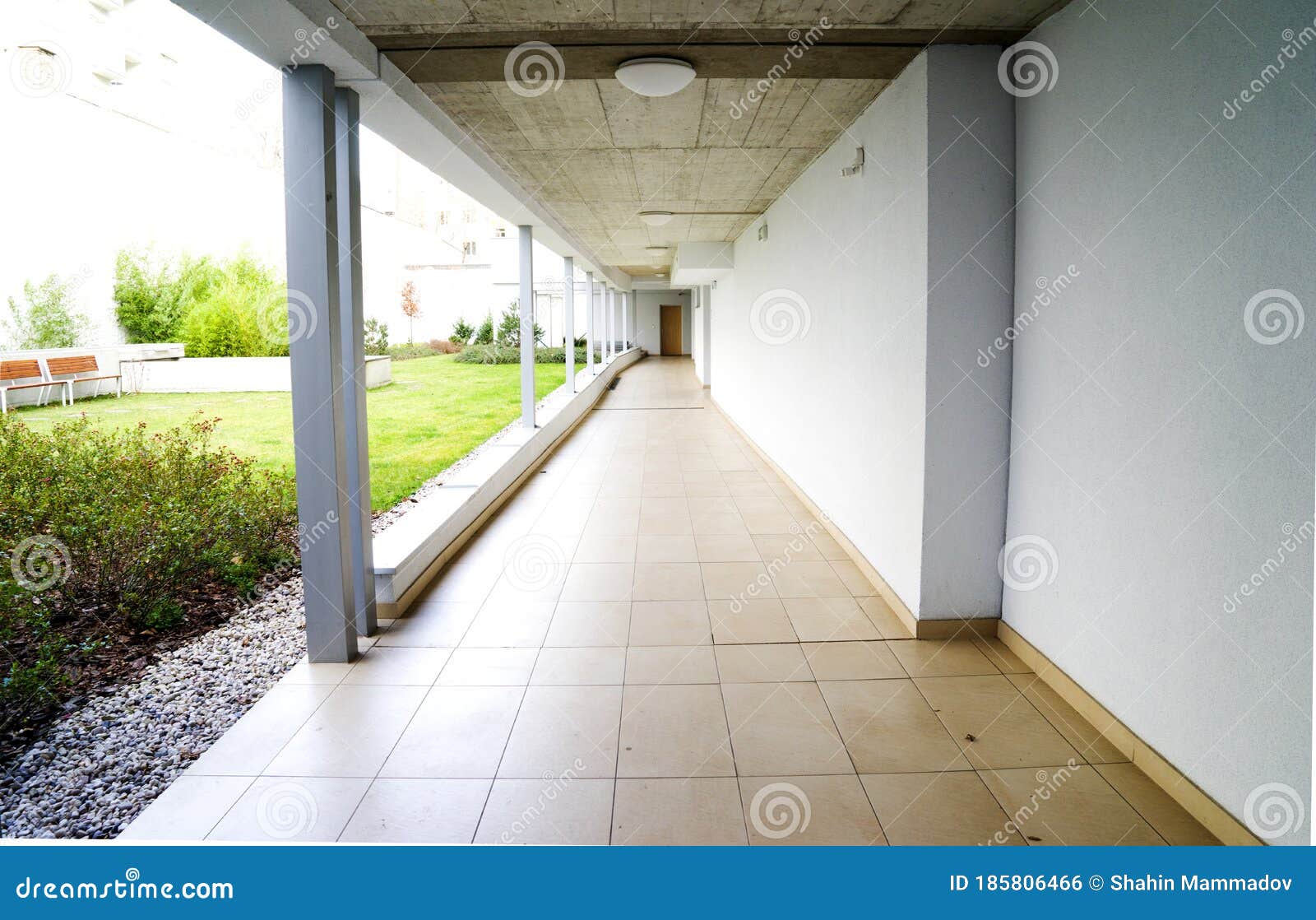 Outdoor Empty Corridor with Garden in the Modern Office Building Stock ...