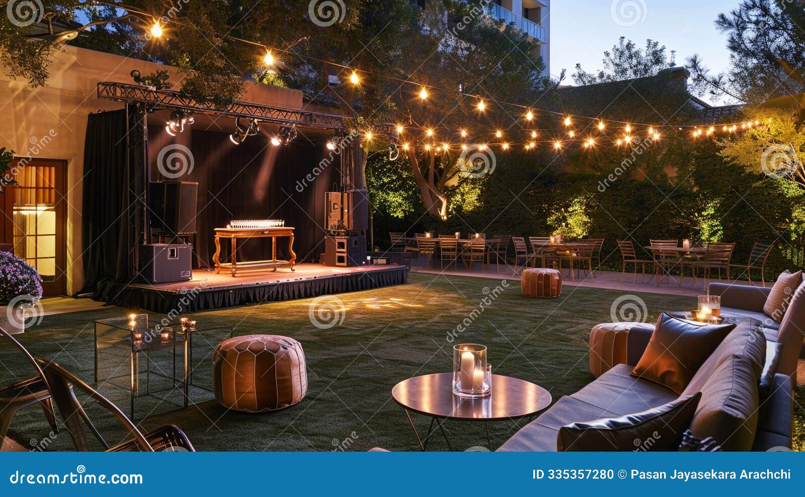Outdoor Event Space Featuring Stage Setup and Elegant Seating Stock ...