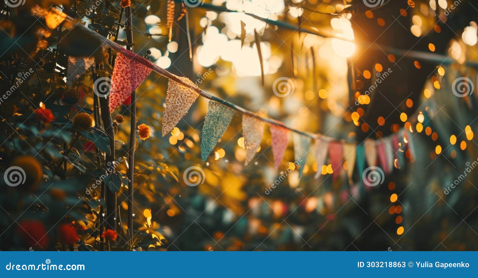 An Outdoor Garden Scene with Colored Banners Stock Illustration ...