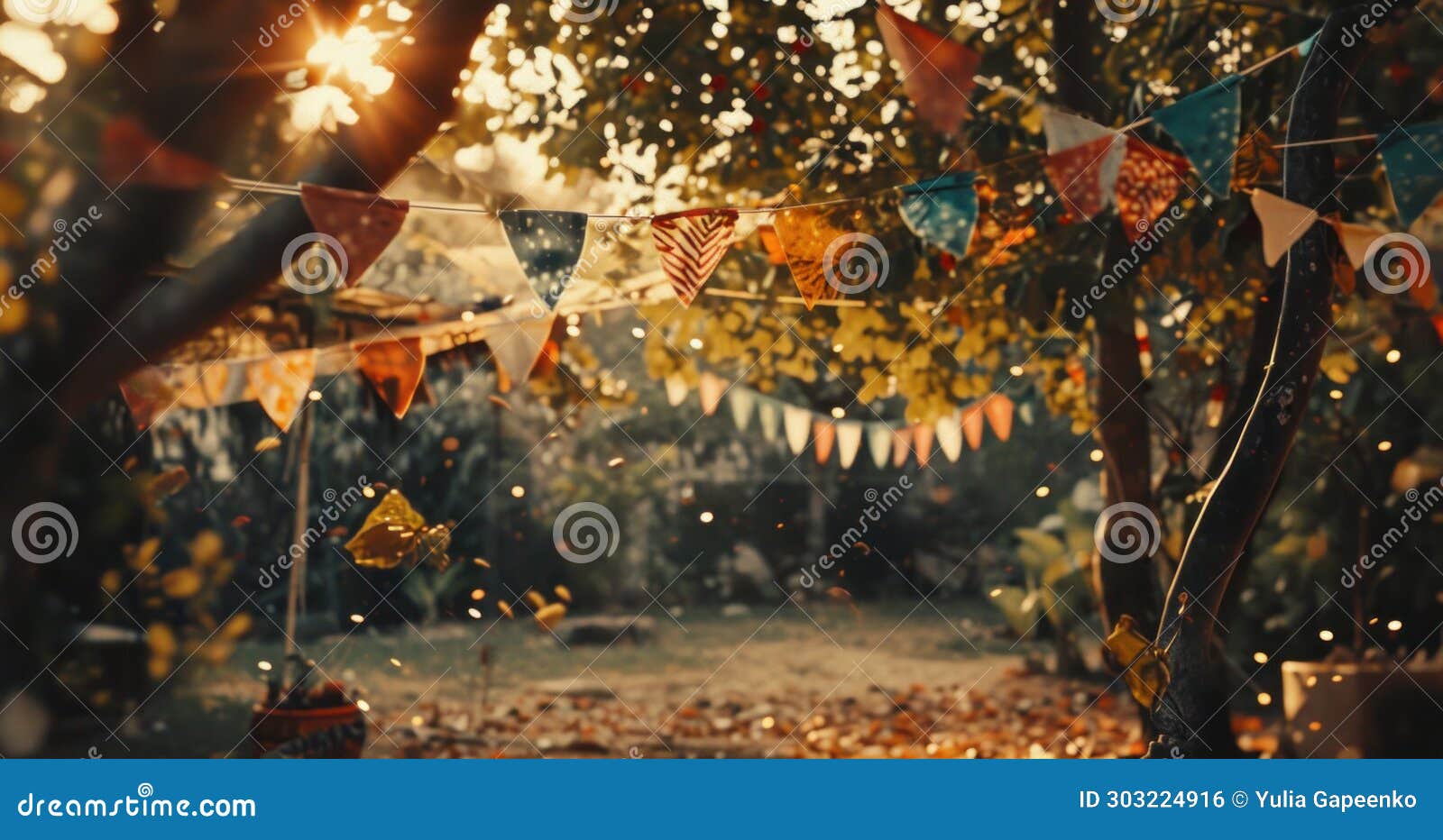 An Outdoor Garden Scene with Colored Banners Stock Photo - Image of ...
