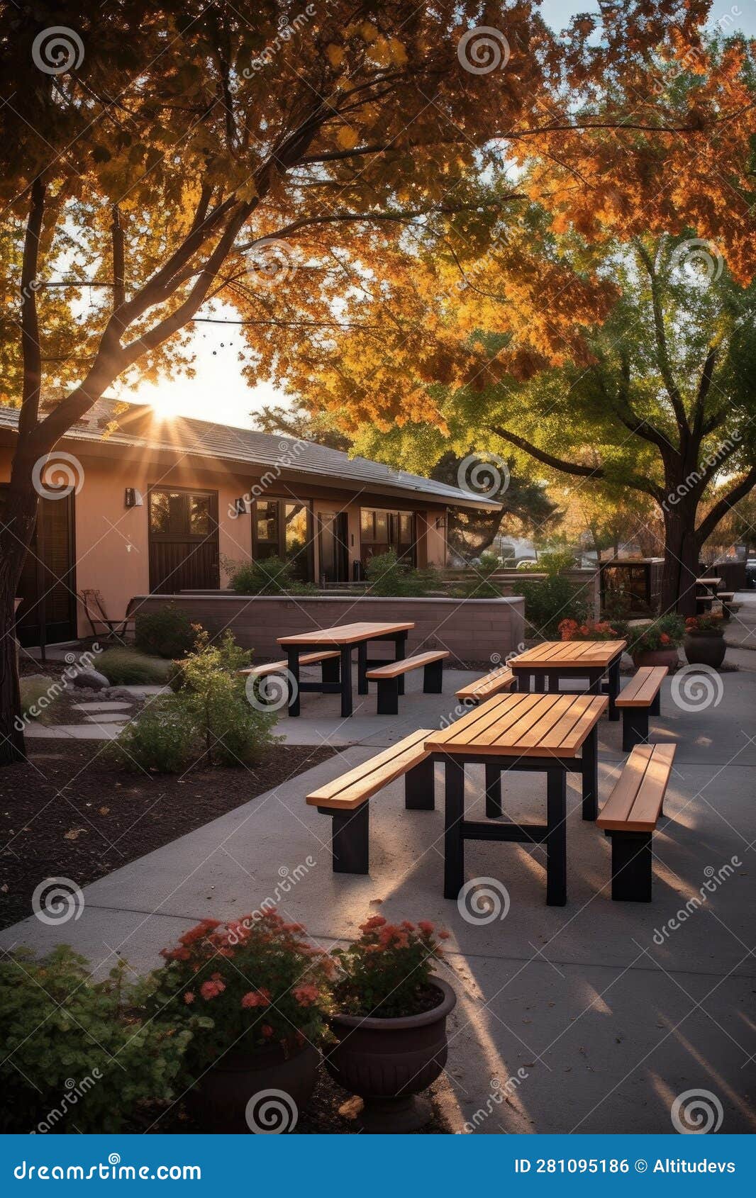 Outdoor Gathering Space with Benches and Tables Stock Illustration ...