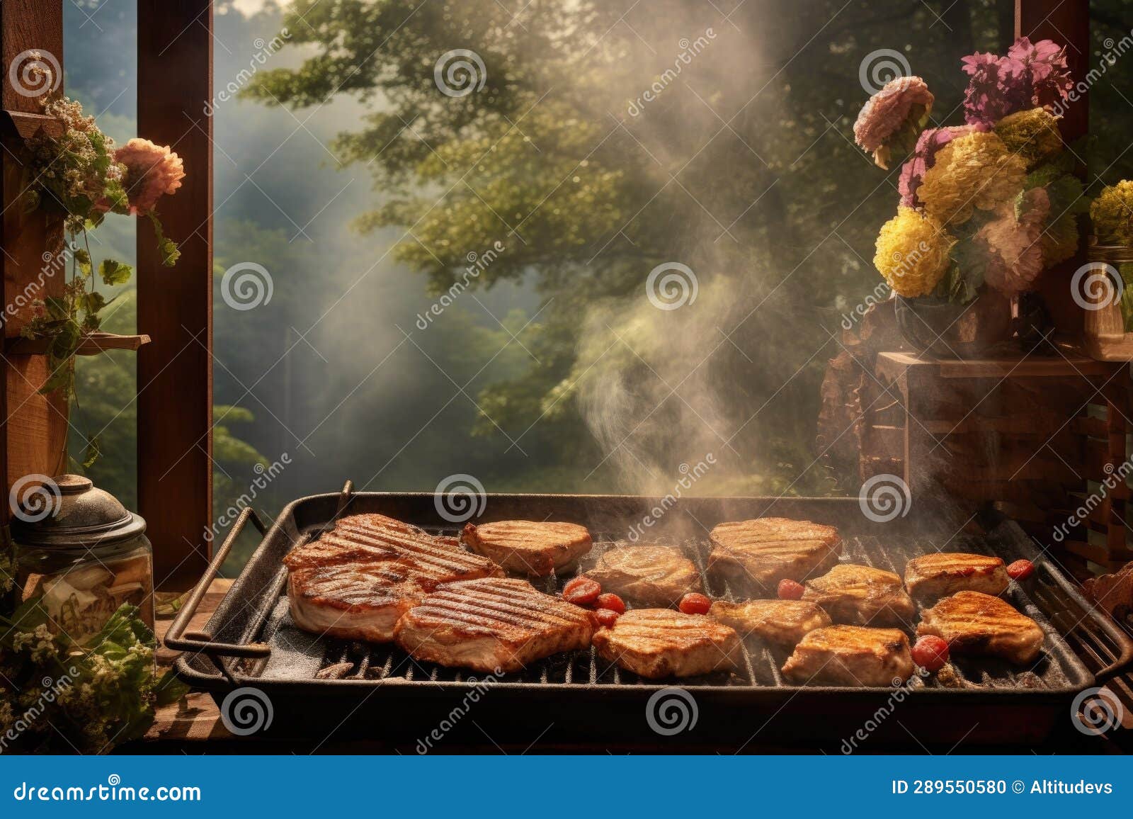 Outdoor Grilling Scene with Pork Chops and Smoke Stock Illustration ...