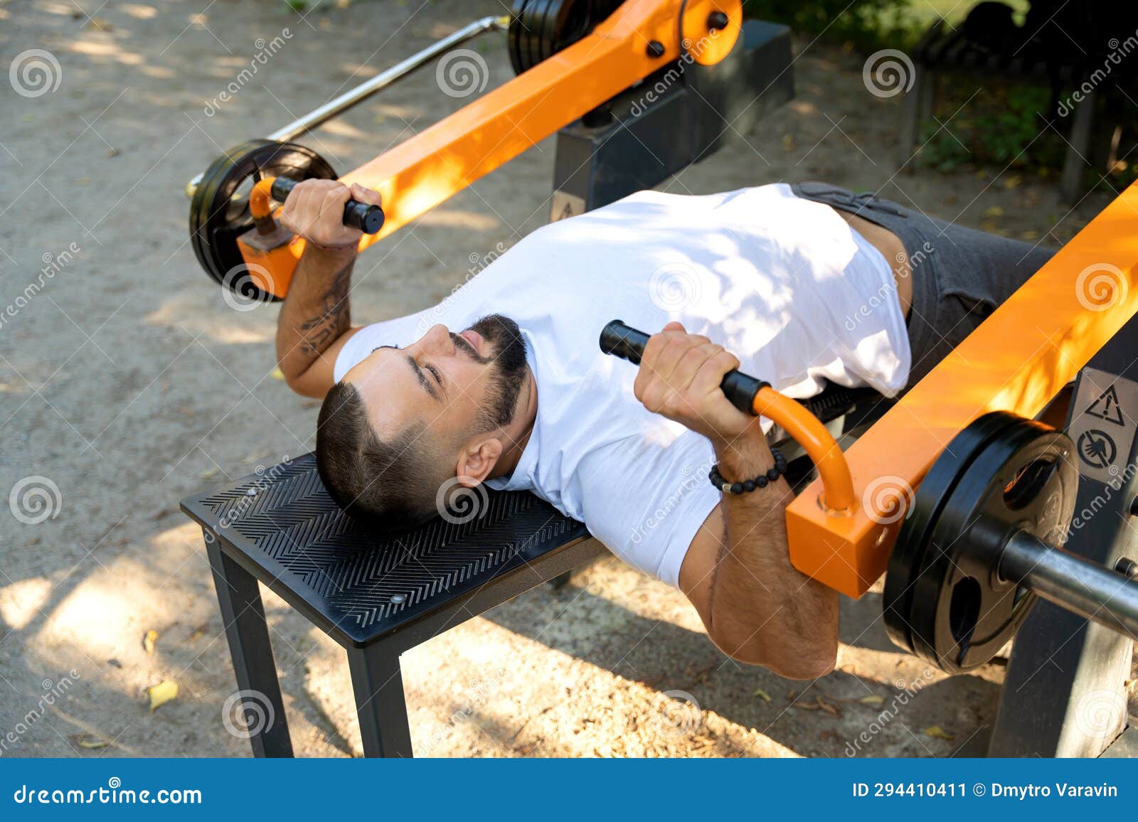 Outdoor Gym. Handsome Bearded Man Doing Bench Press Stock Image - Image ...