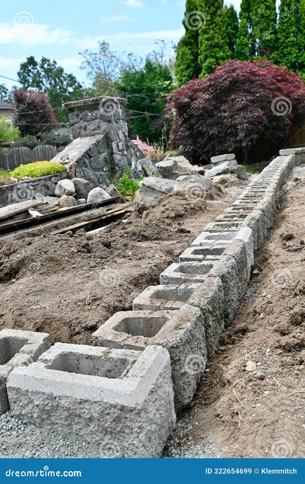 Yard and Garden Construction Project in Progress, Building Stone Lined ...