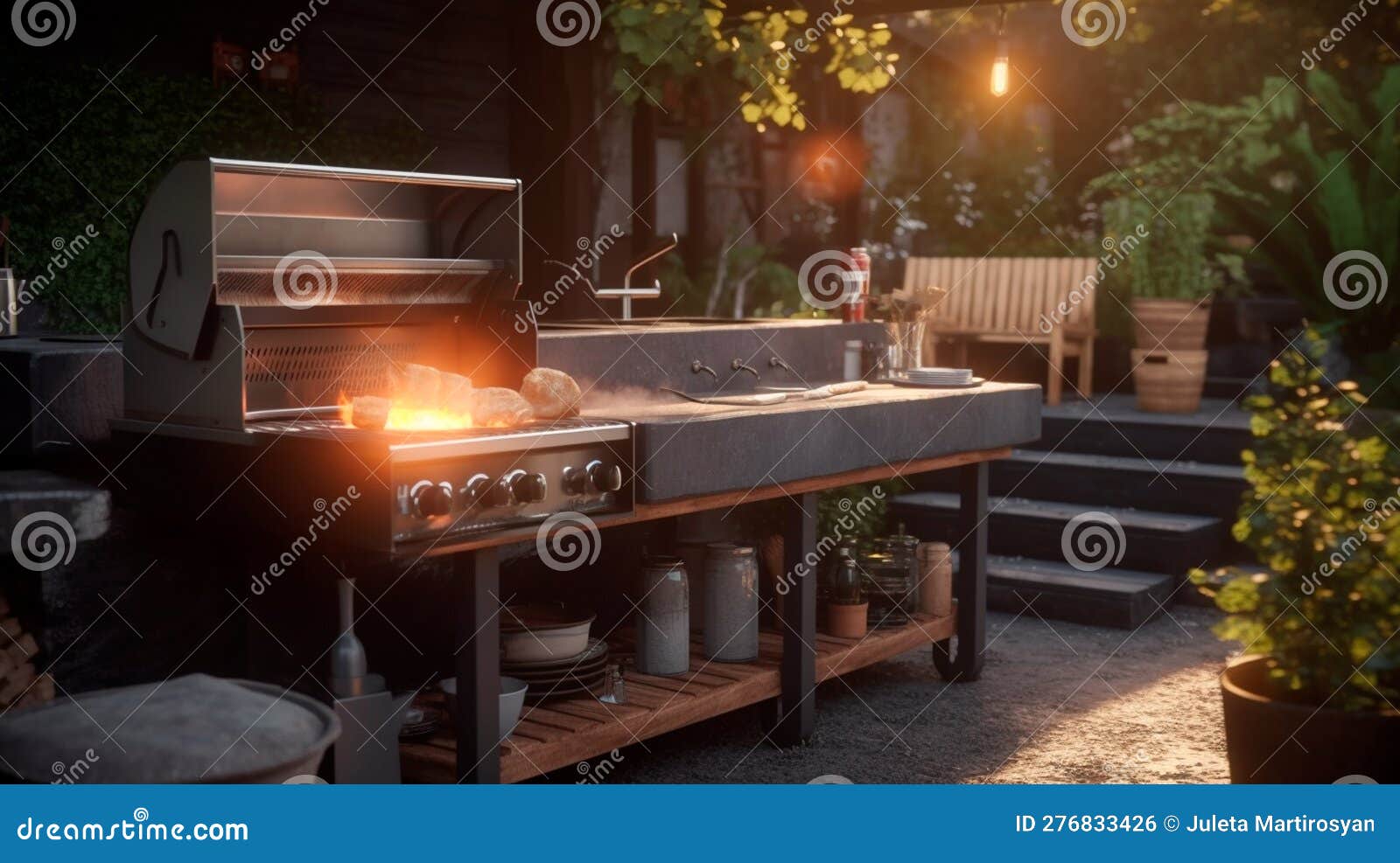 Outdoor Kitchen with Beautiful Cooking Grill with Burning Fire ...