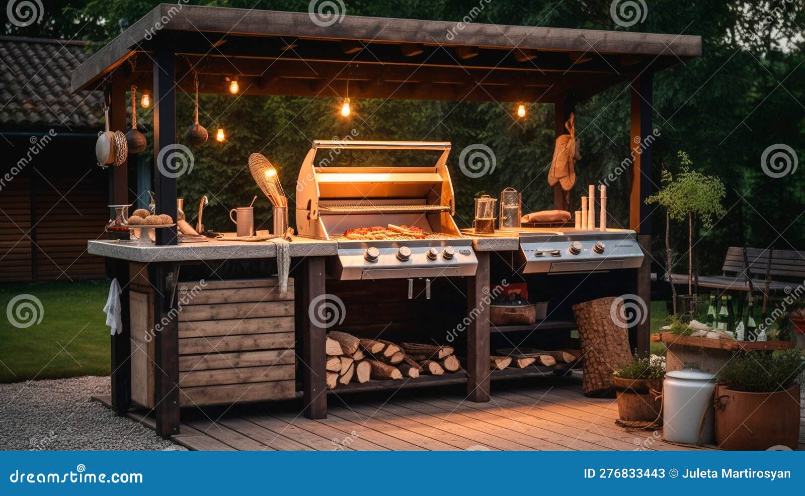 Outdoor Kitchen with Beautiful Cooking Grill with Burning Fire ...