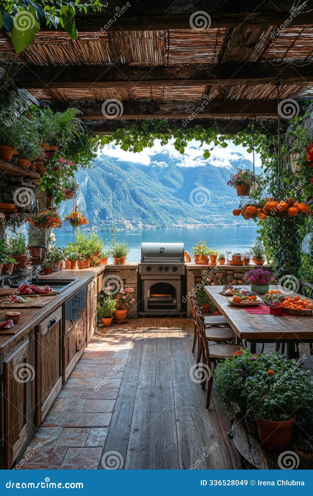 Outdoor Kitchen Overlooking a Lake Surrounded by Mountains Stock ...