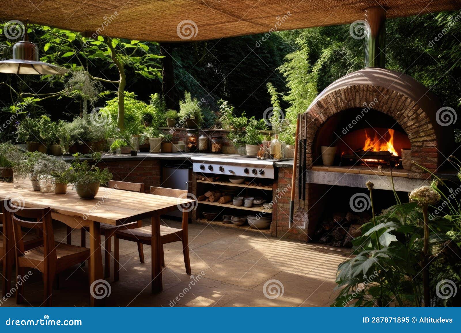 Outdoor Kitchen with Wood-fired Oven Stock Image - Image of grilling ...