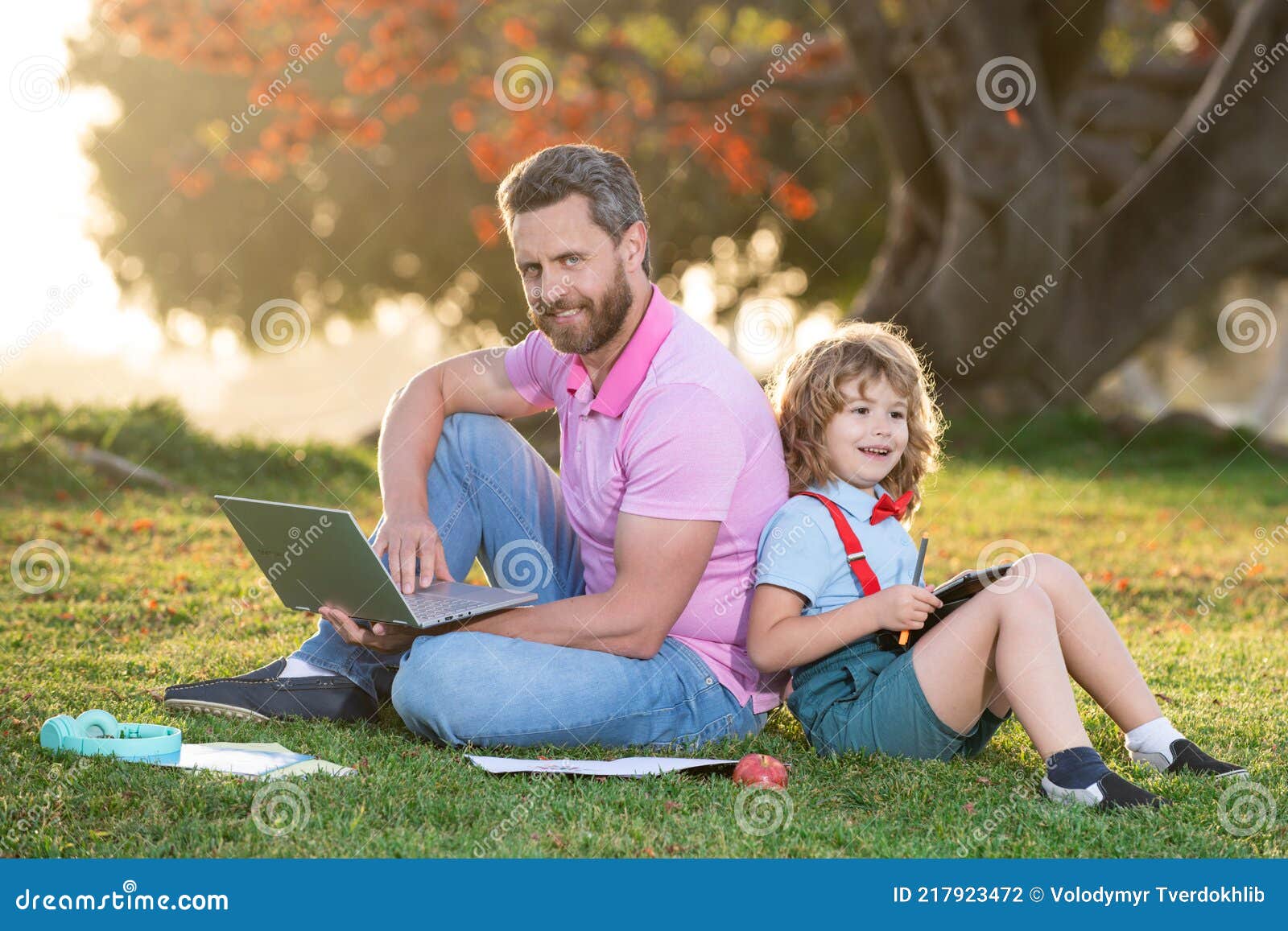 Outdoor Learning. Father with Son in Park, Preparing Homework ...