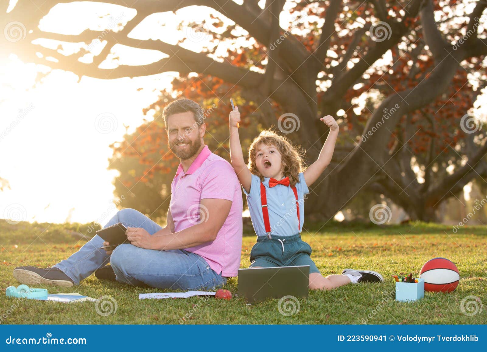 Outdoor Learning. Father with Son in Park, Preparing Homework ...