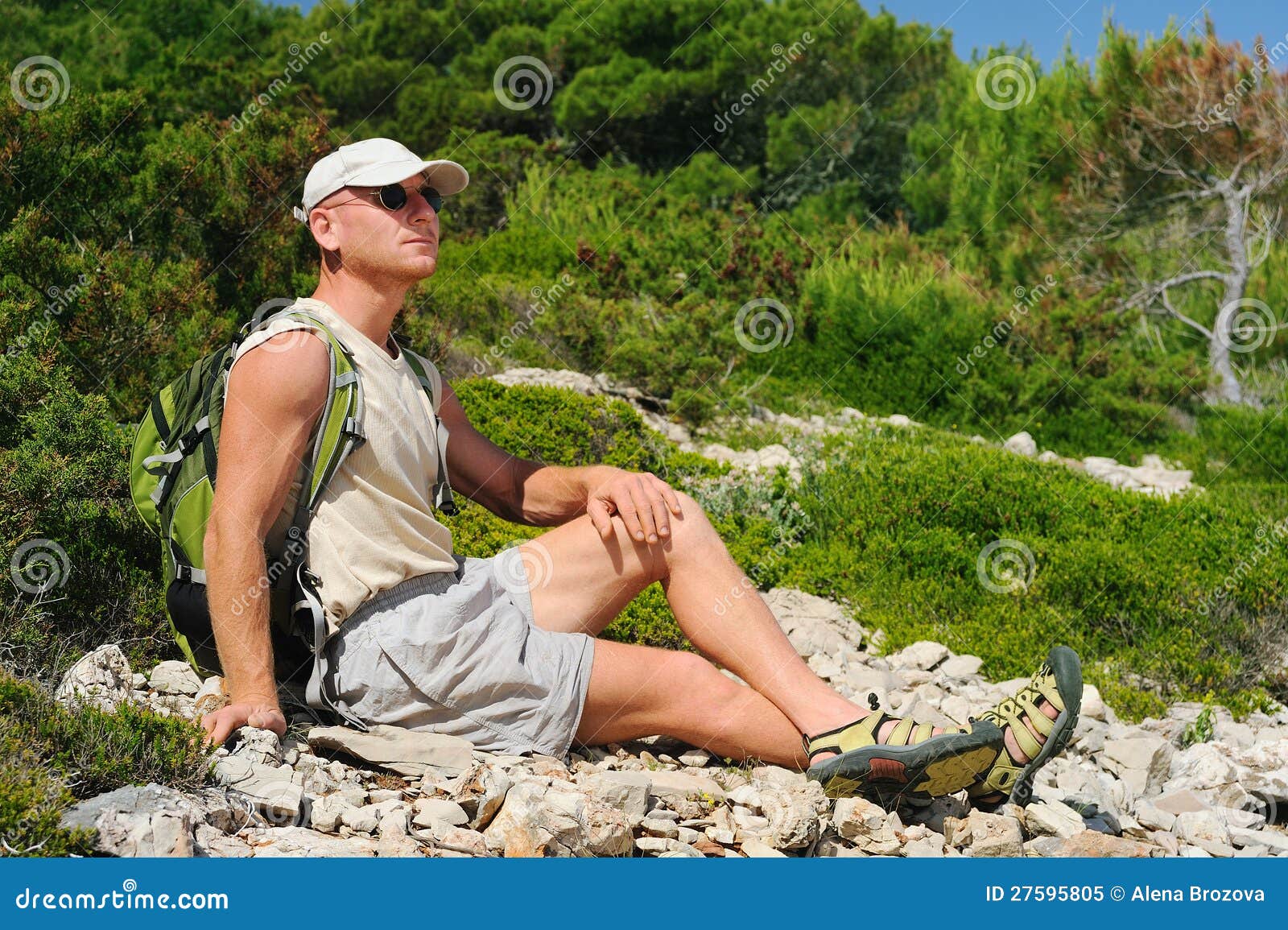 Outdoor Man Resting on Rock after Hiking Stock Image - Image of island ...