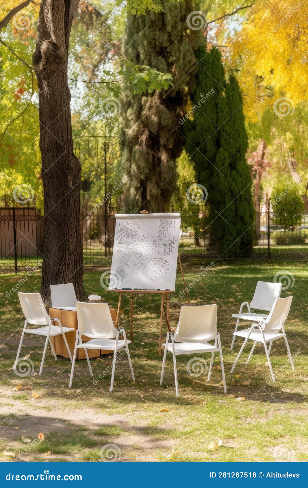 Outdoor Meeting Setup with Chairs and Flipchart in a Park Stock ...