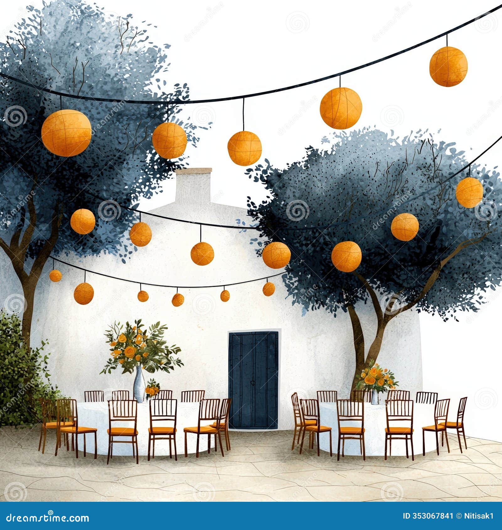 Outdoor Party Setup with Lanterns and Tables Stock Illustration ...