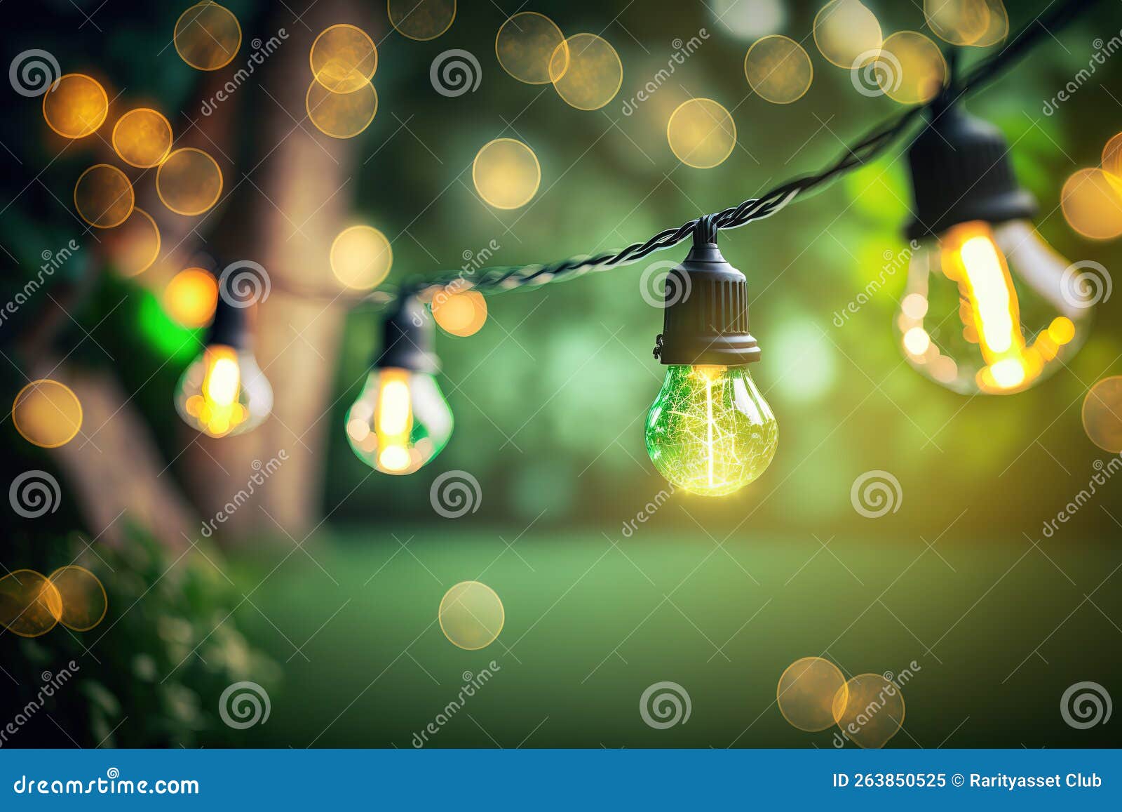 Outdoor Party String Lights Hanging in Backyard on Green Bokeh ...