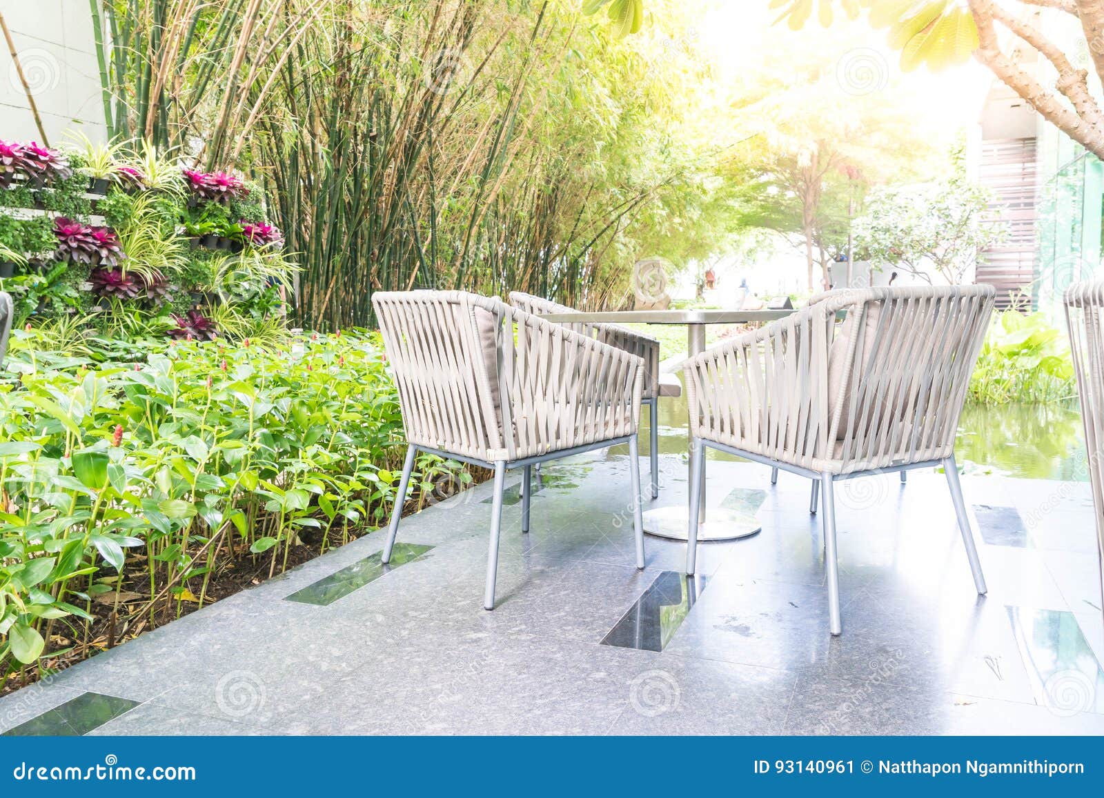 Outdoor Patio with Empty Chair and Table Stock Image - Image of ...