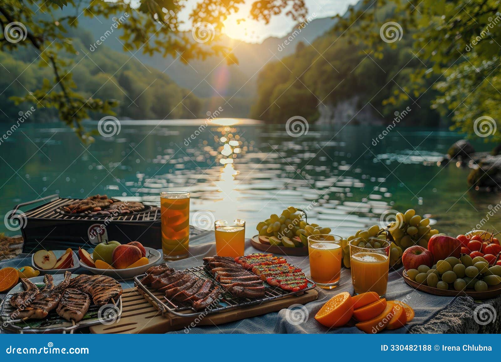 Outdoor Picnic by the Lake during Sunset Stock Illustration ...