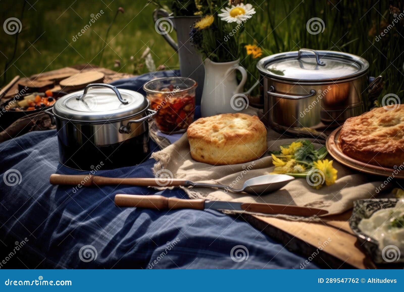 Outdoor Picnic Setting with Dutch Oven Cobbler Stock Photo - Image of ...