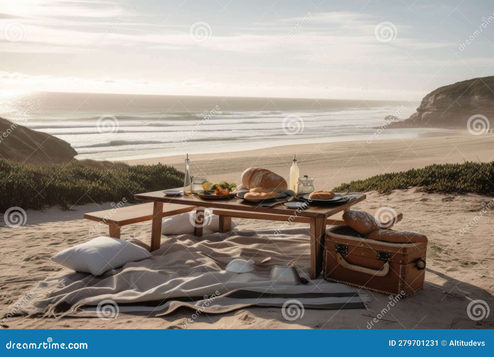 Outdoor Picnic with View of the Beach, with Sand and Rolling Waves in ...