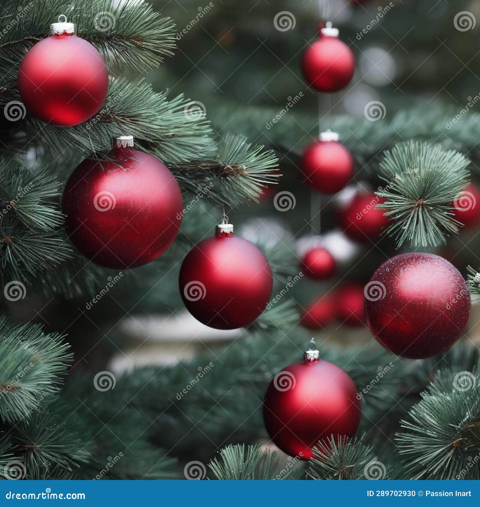 Outdoor Pine Tree Decorated with Shiny Red Ornaments Stock Illustration ...
