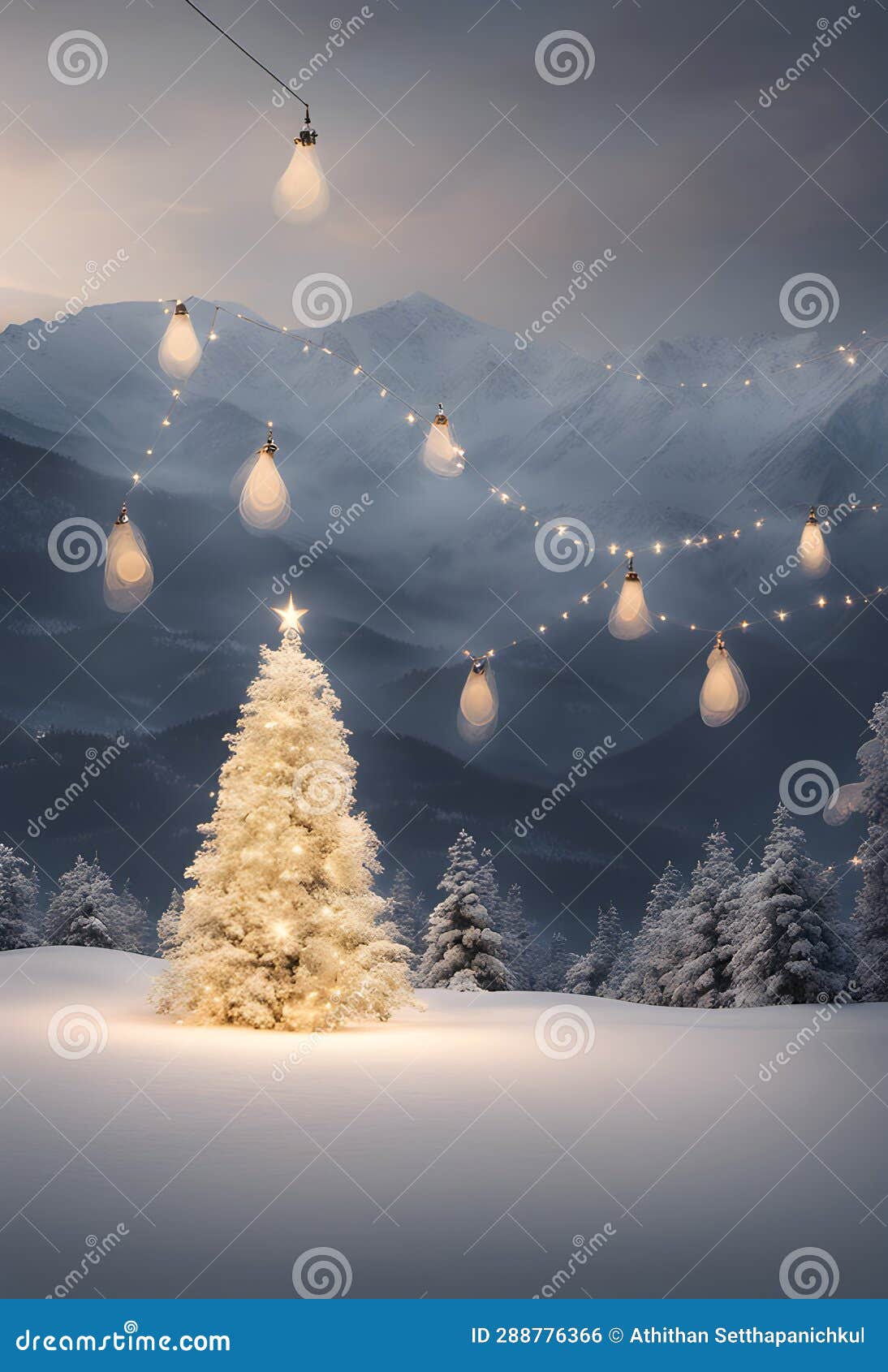 Outdoor Pine Tree on Snow with Decorative Light Bulbs, Generative Ai ...