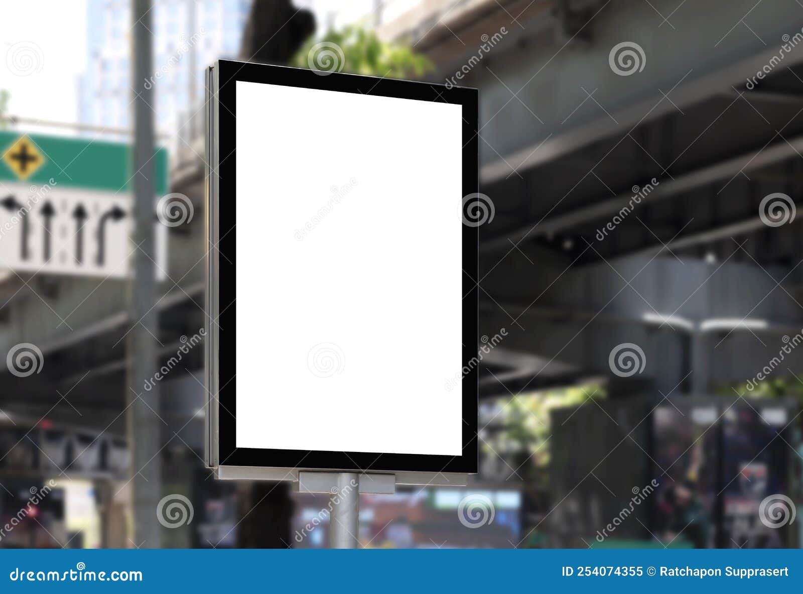 Outdoor Pole Billboard with Mock Up White Screen on Footpath and ...